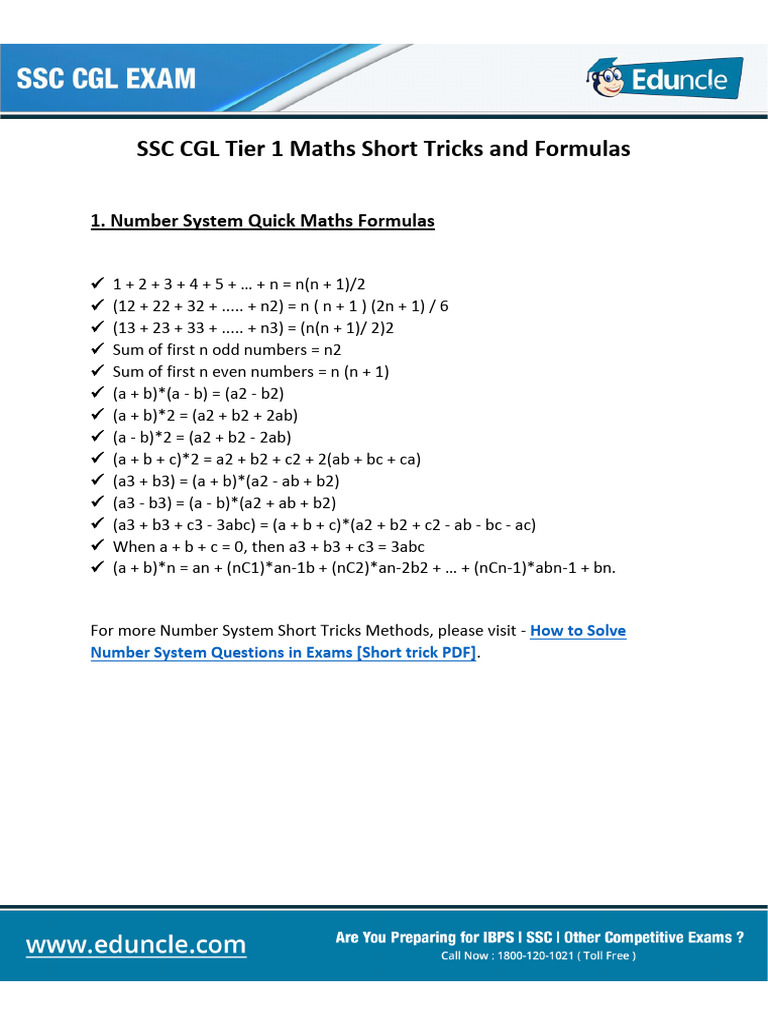 SSC CGL Tier 1 Maths Formulas & Tricks | PDF | Numbers | Number Theory