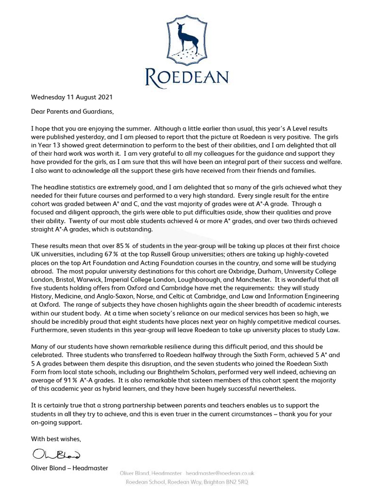Roedean A Level Results 2021 Highlights | PDF