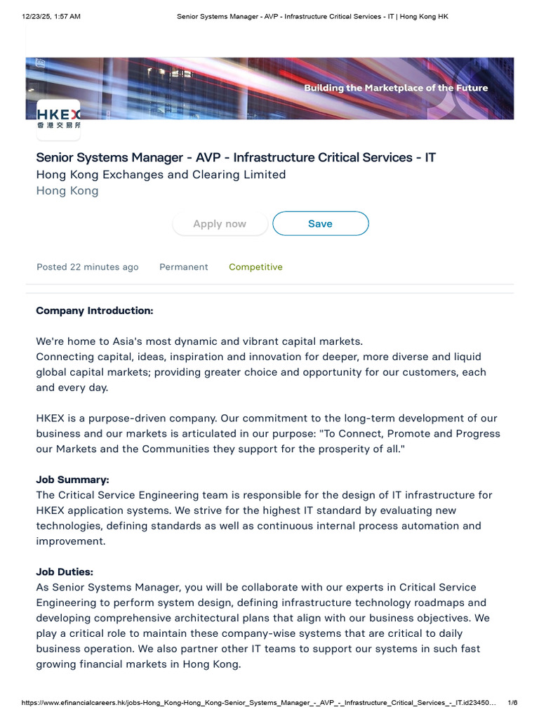 Senior Systems Manager - AVP - Infrastructure Critical Services - IT ...