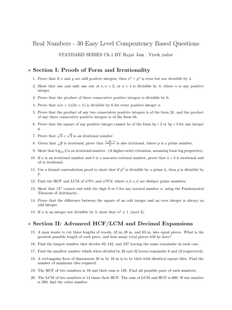 Real Numbers 30 Standard Compentency Based Questions | PDF | Numbers ...