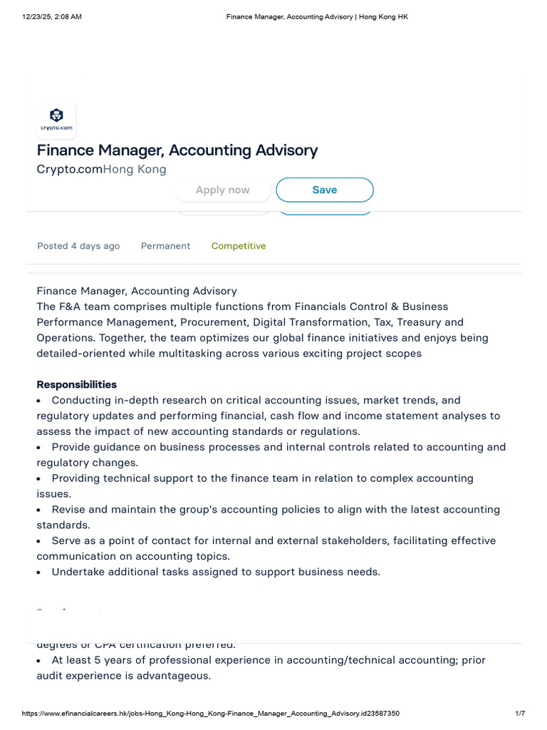 Finance Manager Job at Crypto.com | PDF | Accounting | International ...