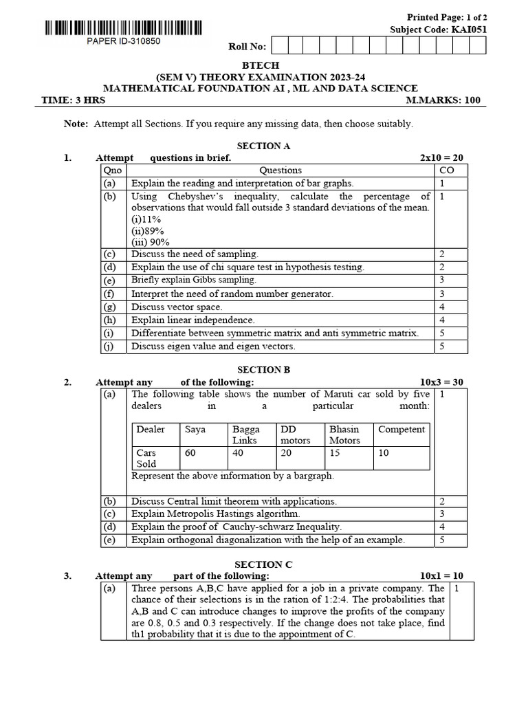 BTech Exam: Math Foundations for AI & ML | PDF | Eigenvalues And ...