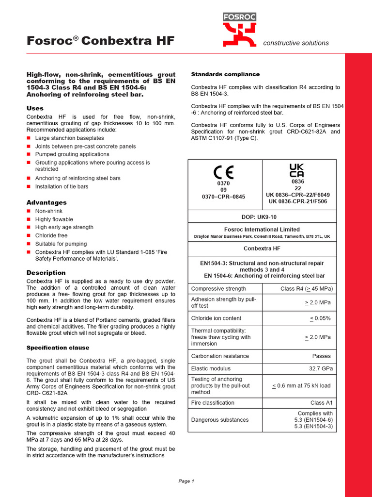 Fosroc-Conbextra-HF-PDS-promain-23-08-2022 | PDF | Cement | Concrete