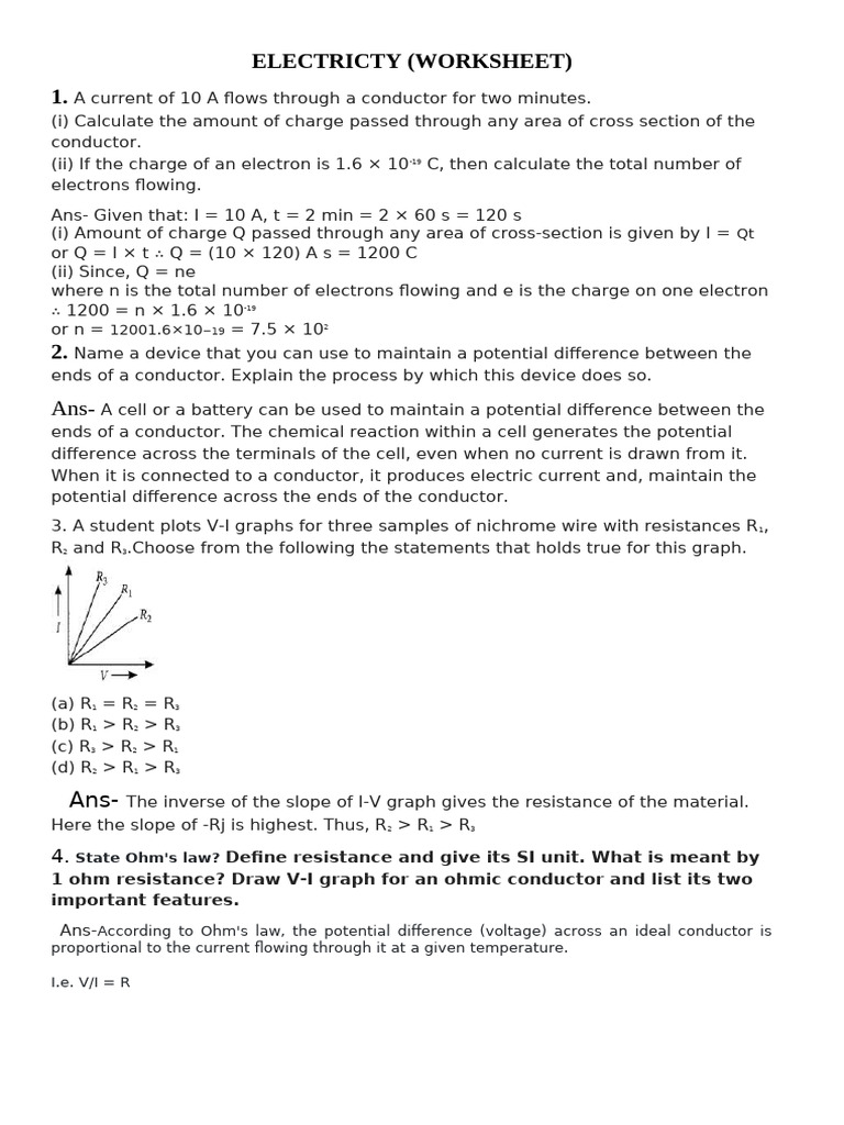 Electricity Worksheet: Concepts & Calculations | PDF | Series And ...