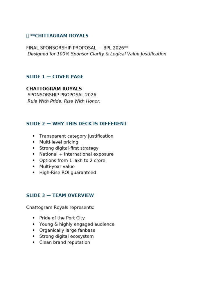 BPL - Chattogram Royals - Sponsorship Proposal Brief | PDF | Brand