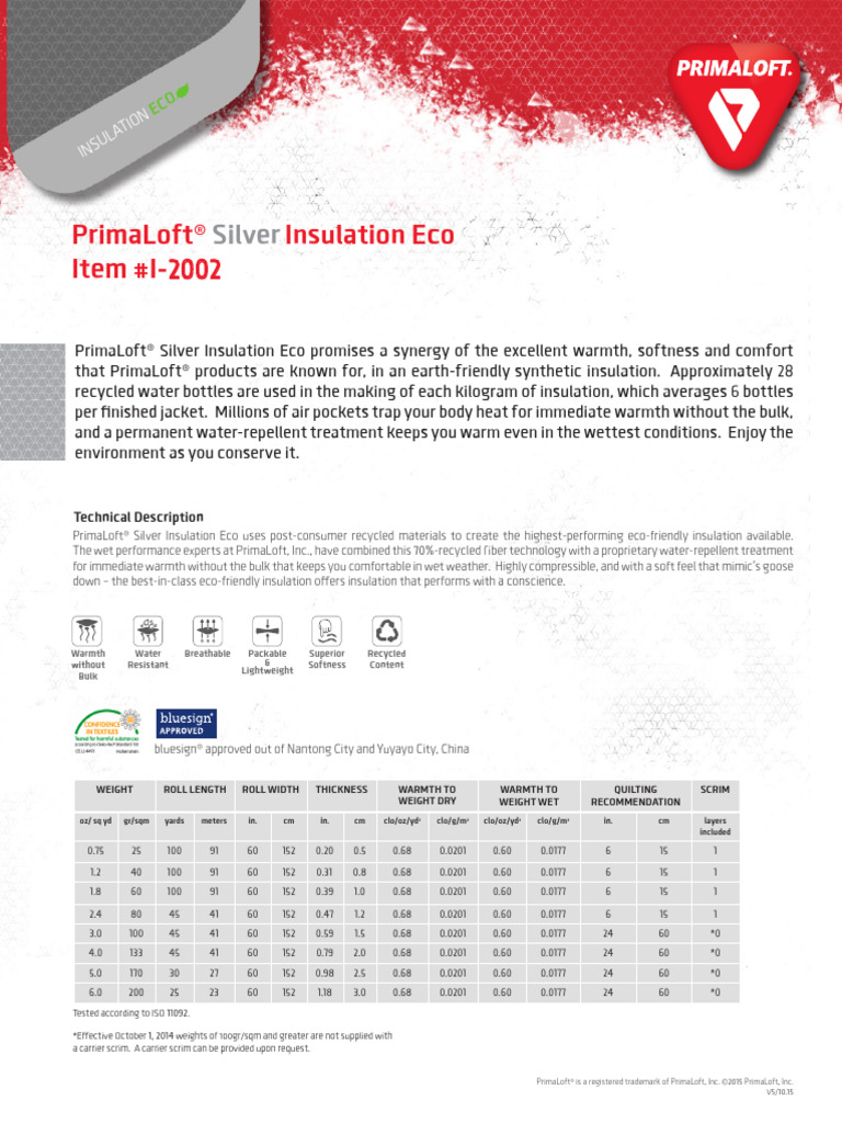 PrimaLoft® Silver Insulation Eco Overview | PDF | Insulators | Materials