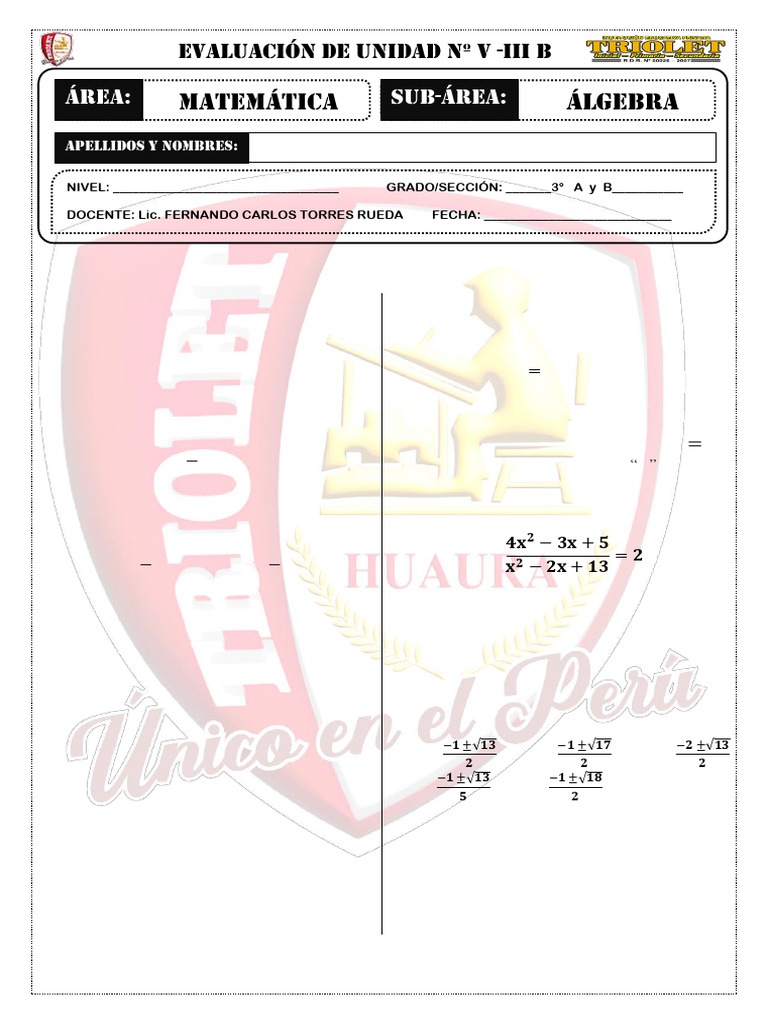Evaluacion v Unidad Iiib-Algebra Fernando Torres | PDF | Matemáticas ...