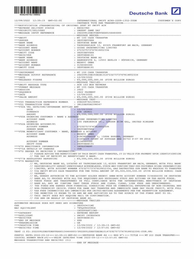 SWIFT MT103-202 GCUBE-MEDEVI 5B 12092023 (1) | PDF