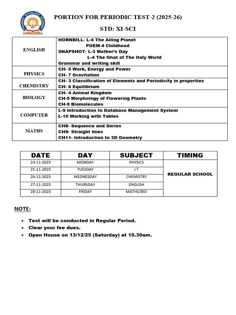 Class 11-Sci Perodic Test-2 Exam Time Table 2025-26 | PDF