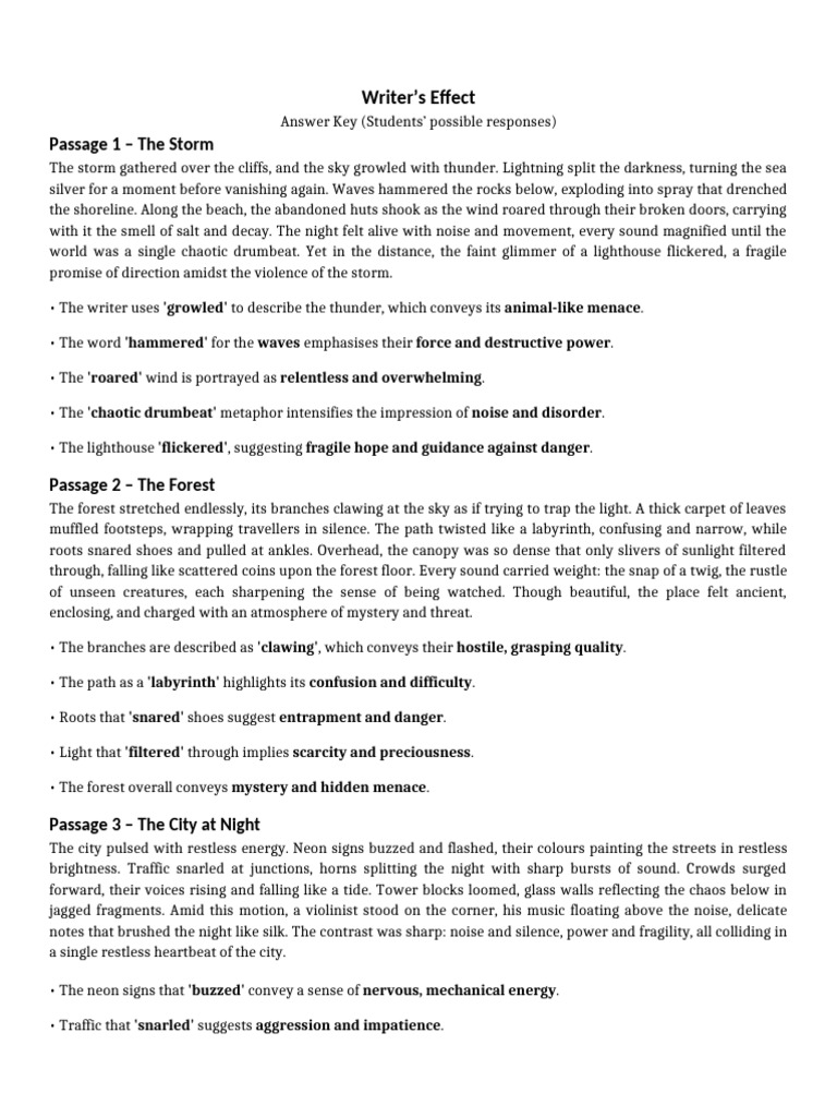 Writer's Effect Guided Responses Answer KEY | PDF