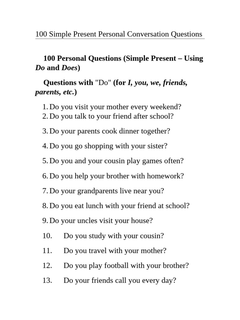 100 Simple Present Questions for Conversations | PDF | Grandparent ...