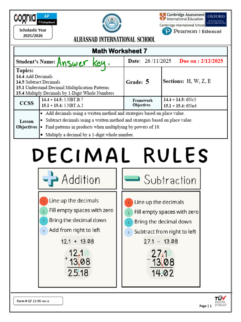 Grade 5 Answer Key Worksheet #7 t1 25-26 | PDF | Multiplication | Numbers