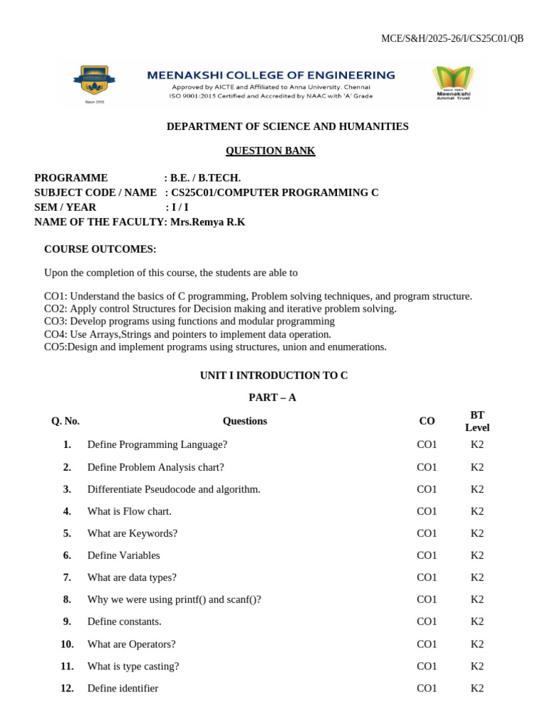 Computer Programming C Question Bank | PDF | Pointer (Computer ...
