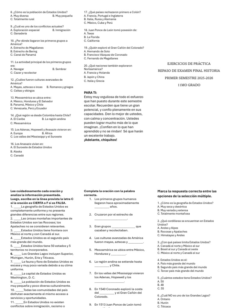 Ejercicios de Repaso Final Primer Semestre 11mo Grado | PDF | Américas ...