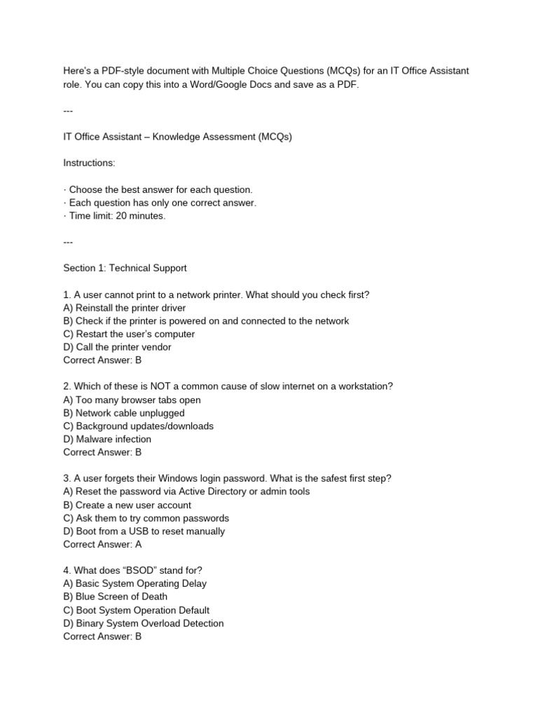 IT Office Assistant MCQ Assessment | PDF | Computer Network | Software