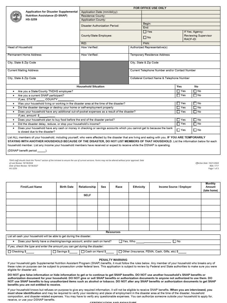 D-SNAP Application Form HS-3259 | PDF | Supplemental Nutrition ...