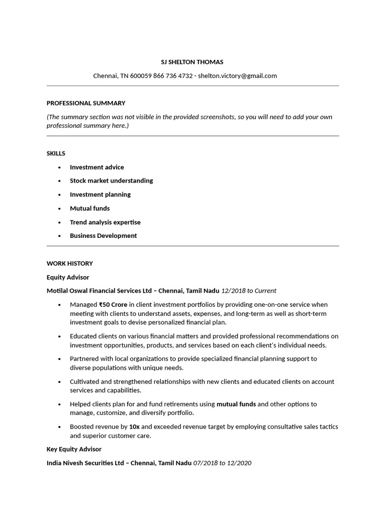 Equity Advisor Resume - Chennai Expert | PDF | Investing | Securities ...