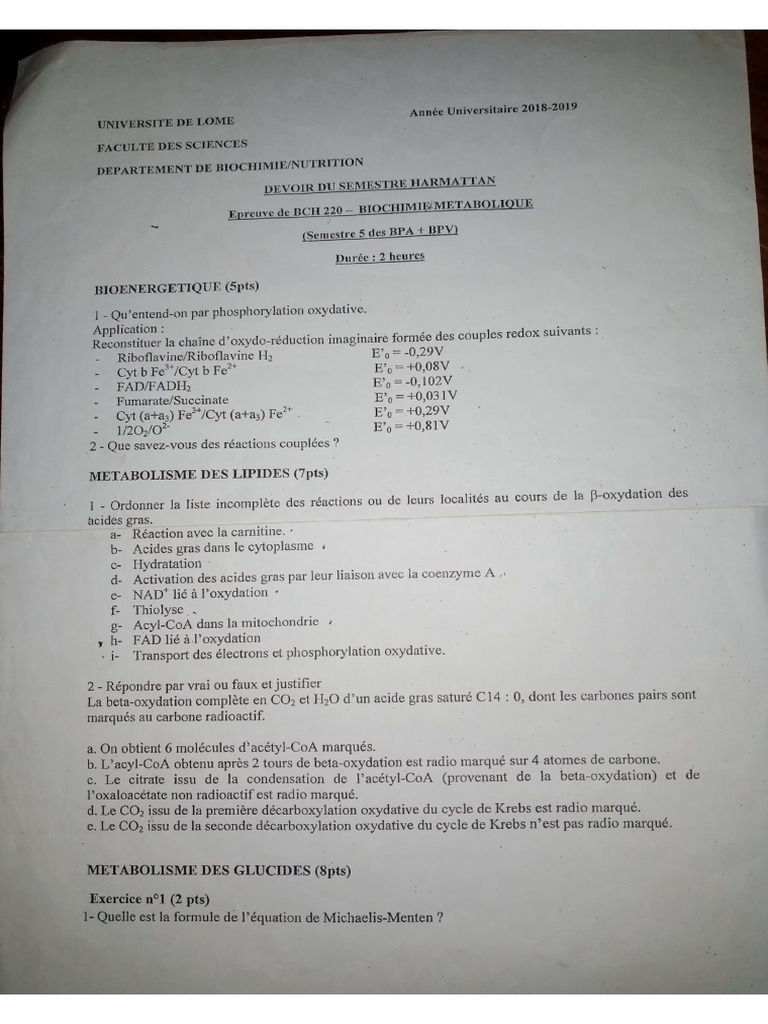 BCH 220, devoir 2018-2019 | PDF