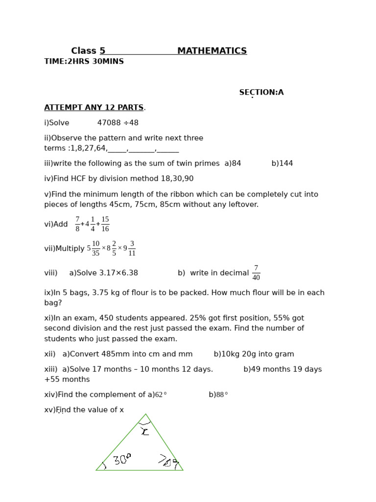 Class 5 Mathematics Exam Questions | PDF