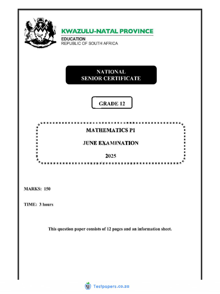 Mathematics Maths Grade 12 NSC QP P1 May June 2025 KZN | PDF