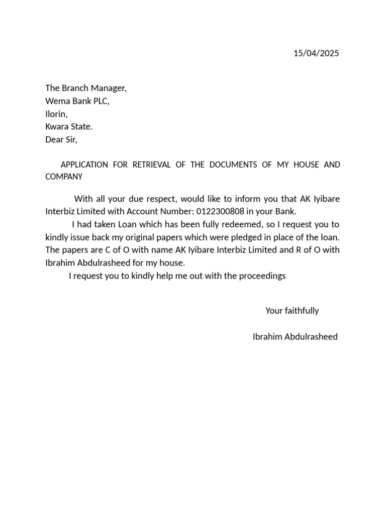 Document Retrieval Request to Wema Bank | PDF
