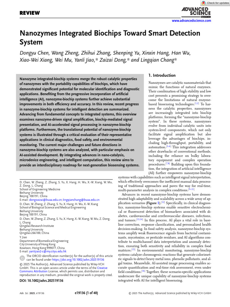 Advanced Science - 2025 - Chen - Nanozymes Integrated Biochips Toward ...