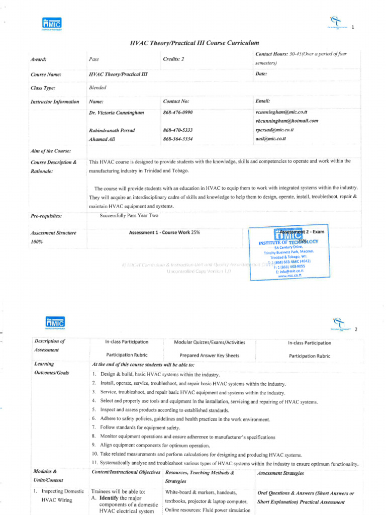 HVAC Theory Practical III Course Curriculum | PDF