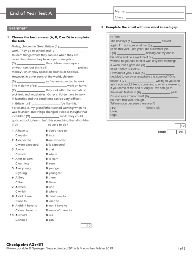 Checkpoint A2+ B1 End of Year Test A | PDF