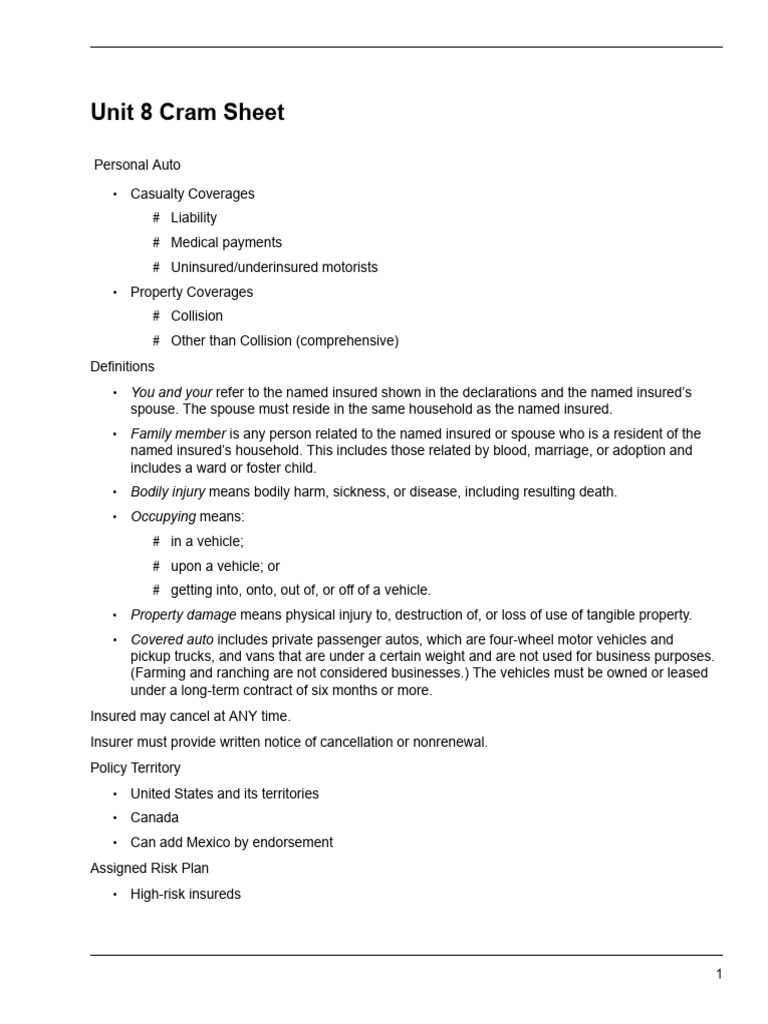 PC Unit 8 Cram Sheet | PDF | Liability Insurance | Insurance
