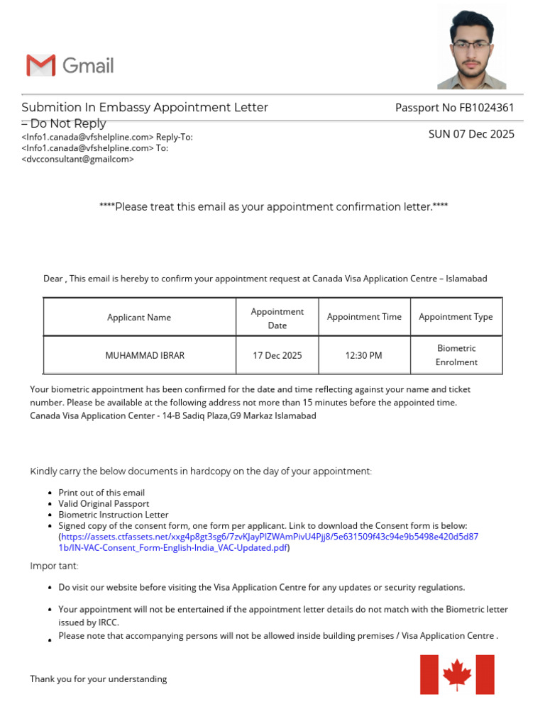 Canada Visa Biometric Appointment Confirmation | PDF | Travel Visa ...