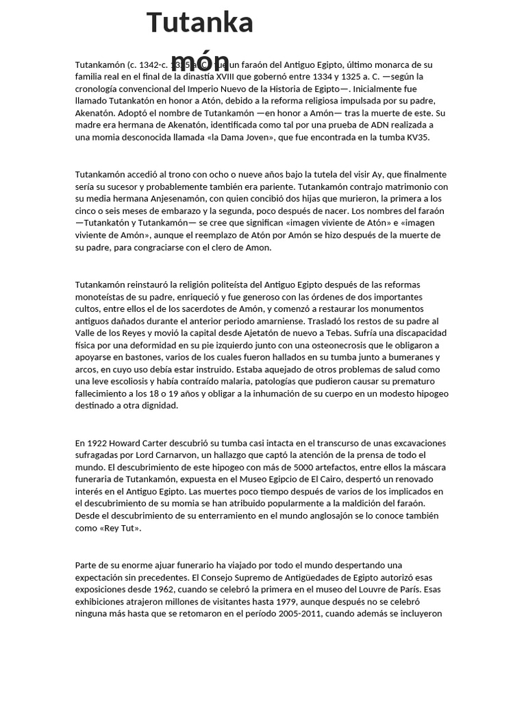 Tutankamón: Faraón y su legado histórico | PDF | Tutankamón | Egipcios ...