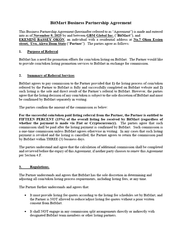 BitMart Partnership Agreement for Token Listings | PDF | Justice ...