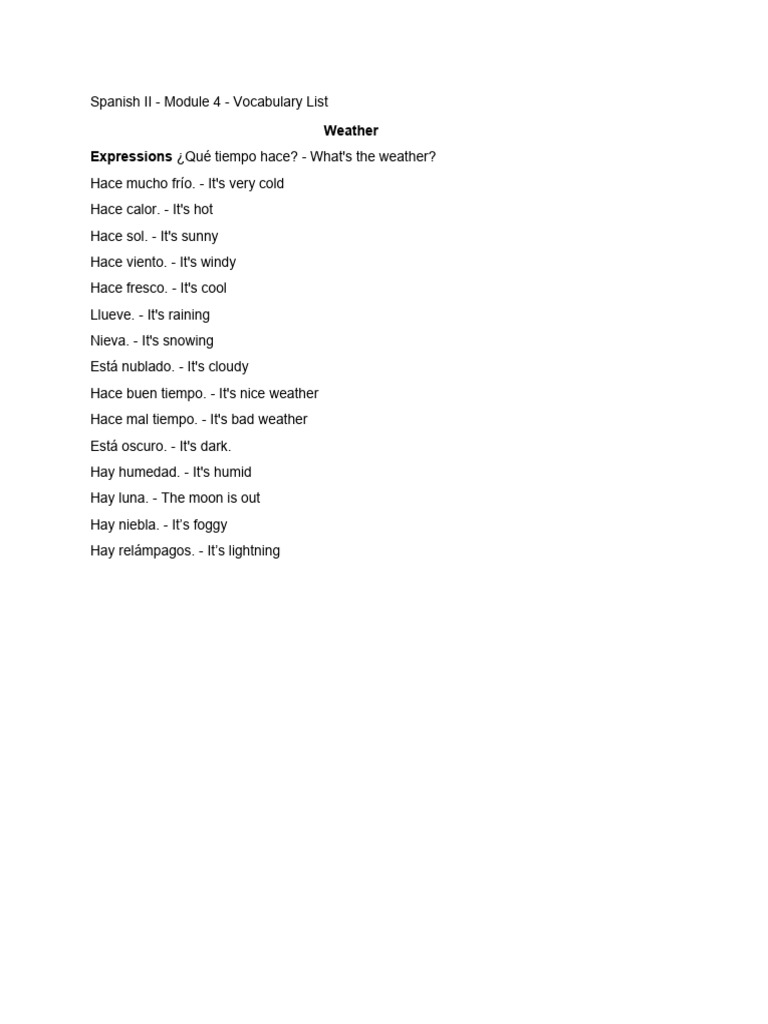 Spanish II – Module 4 - Vocabulary List P1-1-1 | PDF