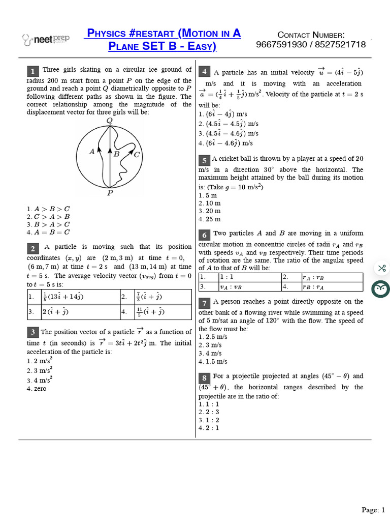 Physics Problems on Motion in a Plane | PDF | Mechanics | Motion (Physics)