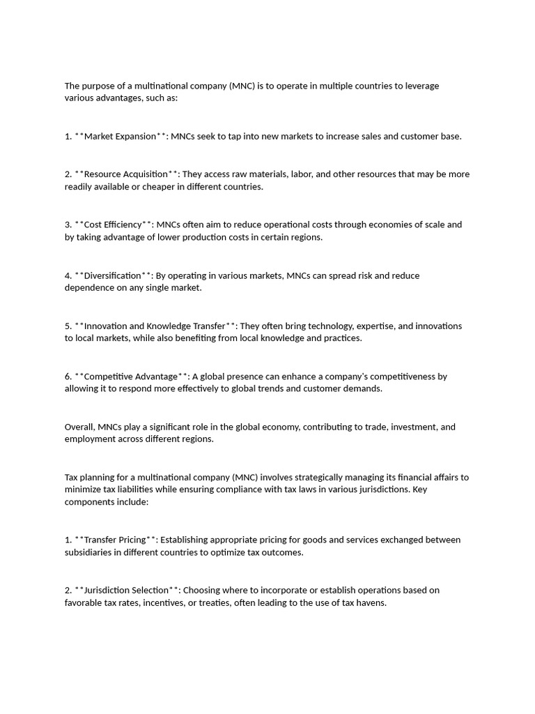 Multinational Companies: Purpose & Tax Planning | PDF | Taxes | Supply ...