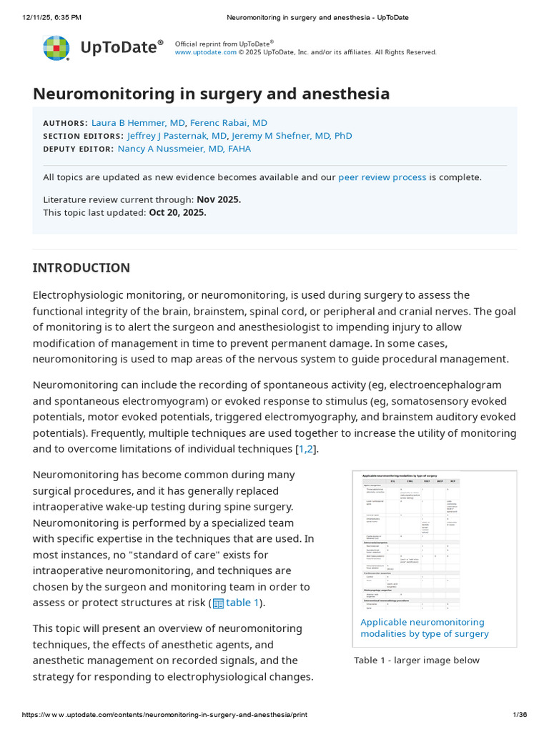 Neuromonitoring in Surgery and Anesthesia - UpToDate | PDF ...