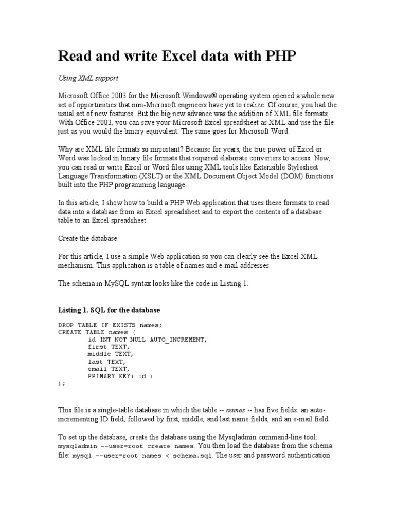 Read And Write Excel Data With Php Pdf Microsoft Excel Php 