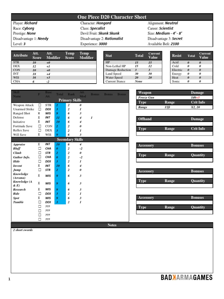 One Piece D20 Character Sheet | PDF | Weaponry | Leisure
