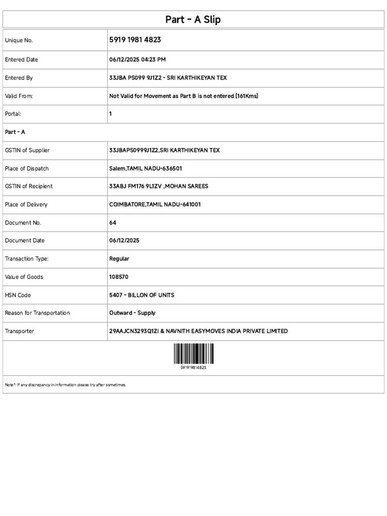GST Part A Slip for Transport Details | PDF
