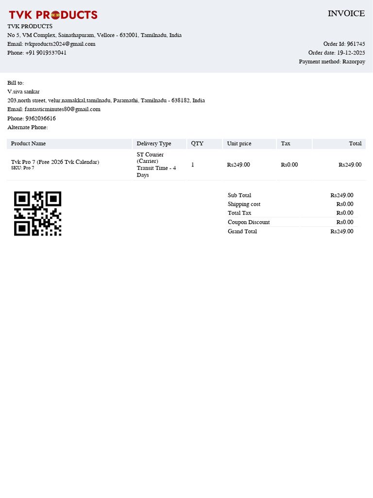 TVK Products Invoice - Order 961745 | PDF