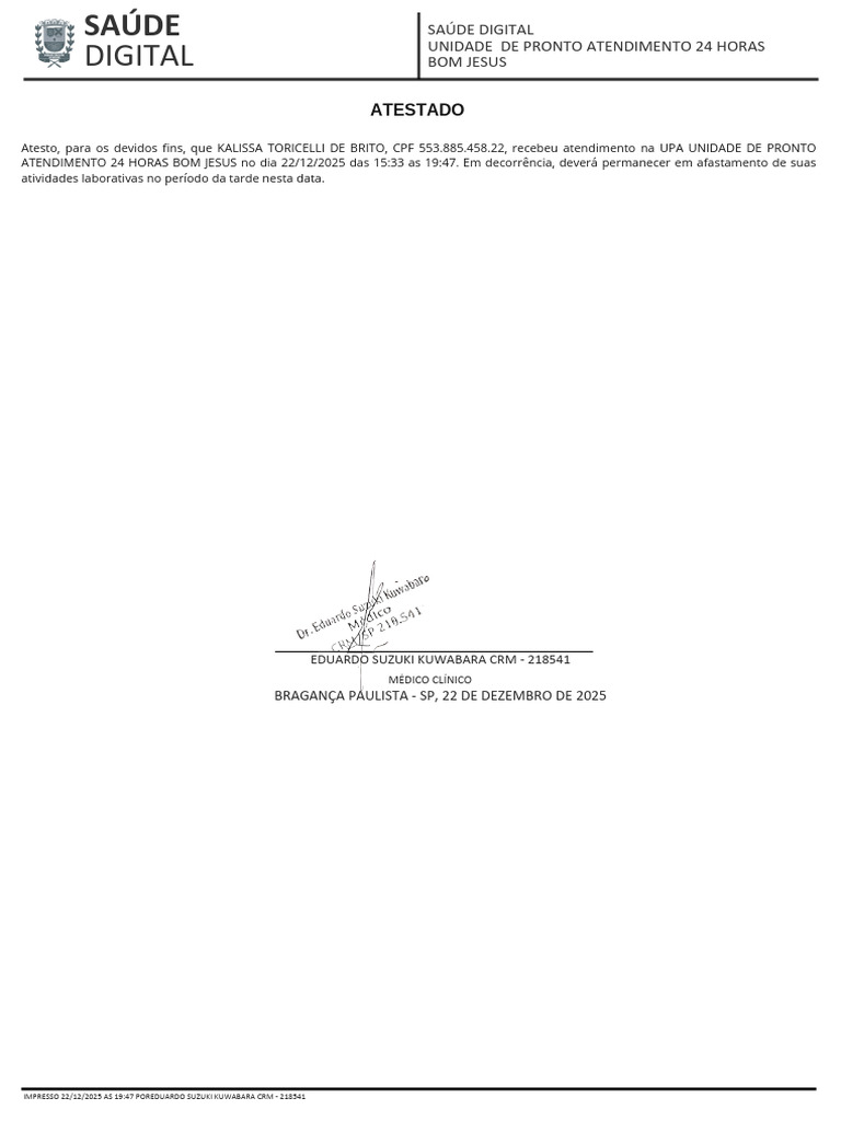 Atestado Médico - Kalissa Toricelli | PDF