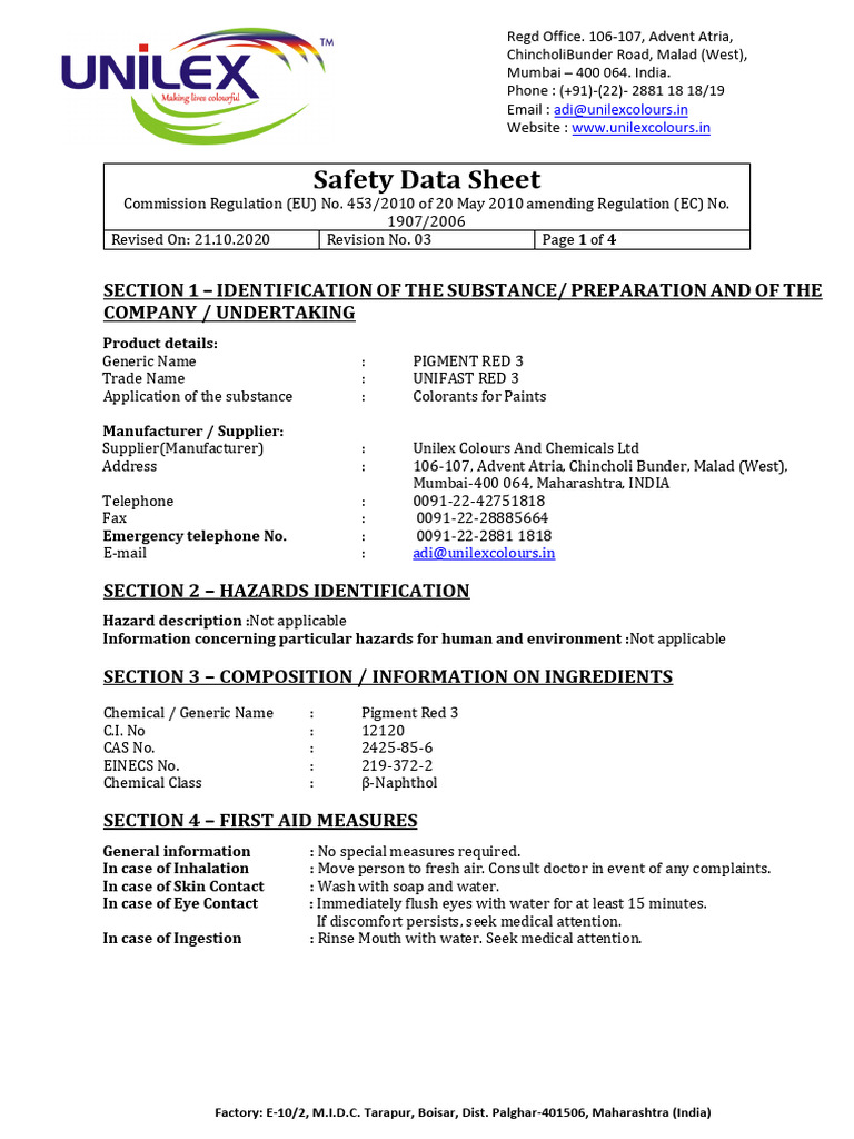 SDS - Pigment Red 3 | PDF | Dangerous Goods | Materials
