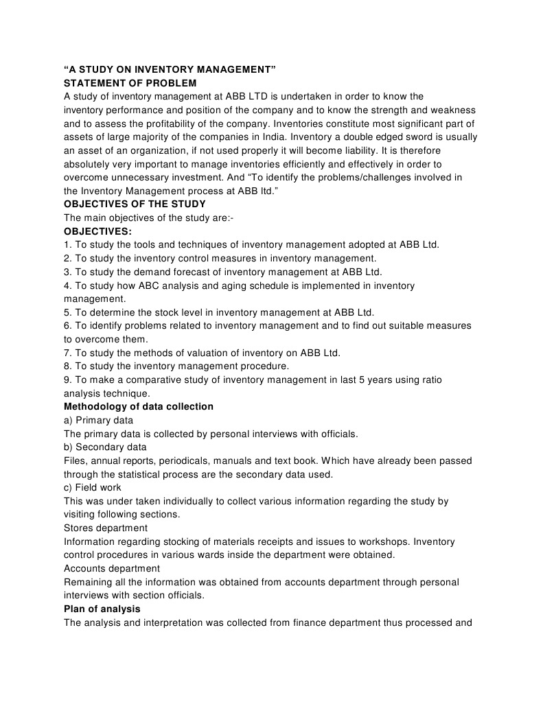 "A Study On Inventory Management" Statement of Problem | PDF ...