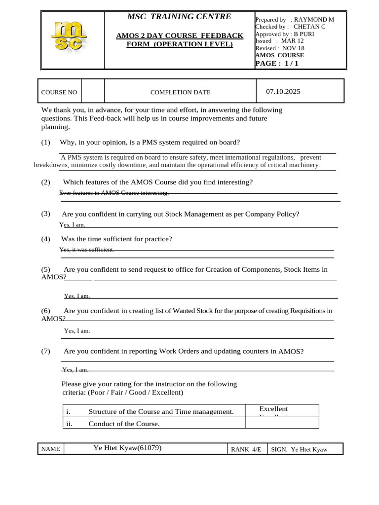 AMOS Course Feedback Form | PDF