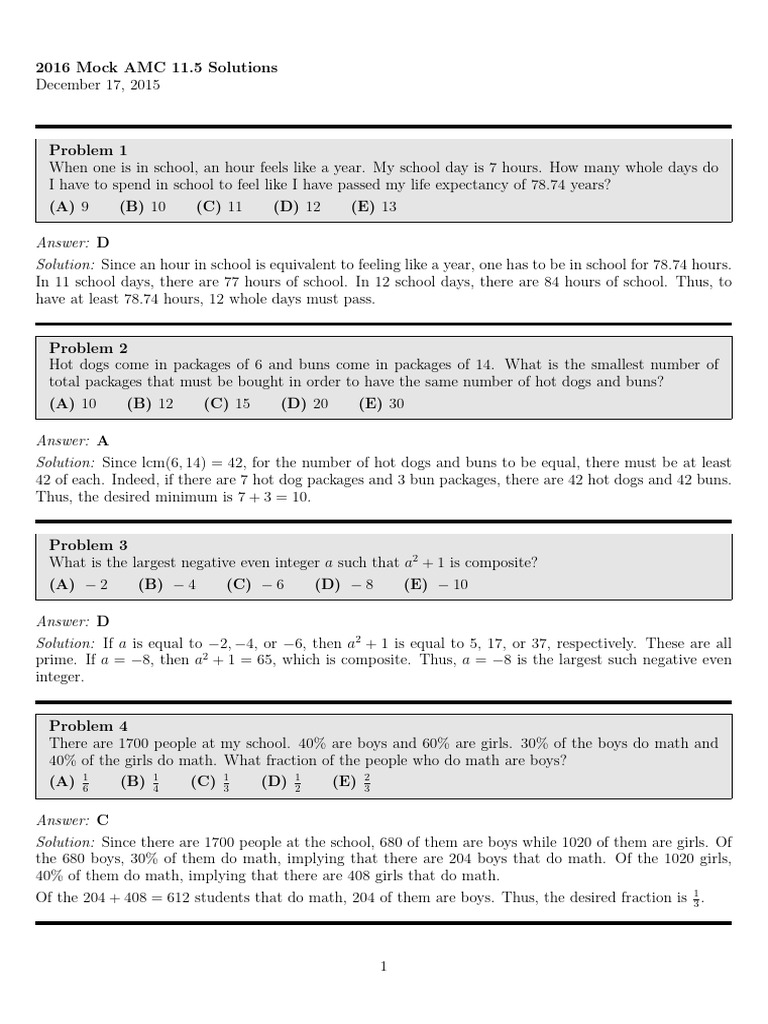 2016 Mock AMC 11 5 Solutions | PDF