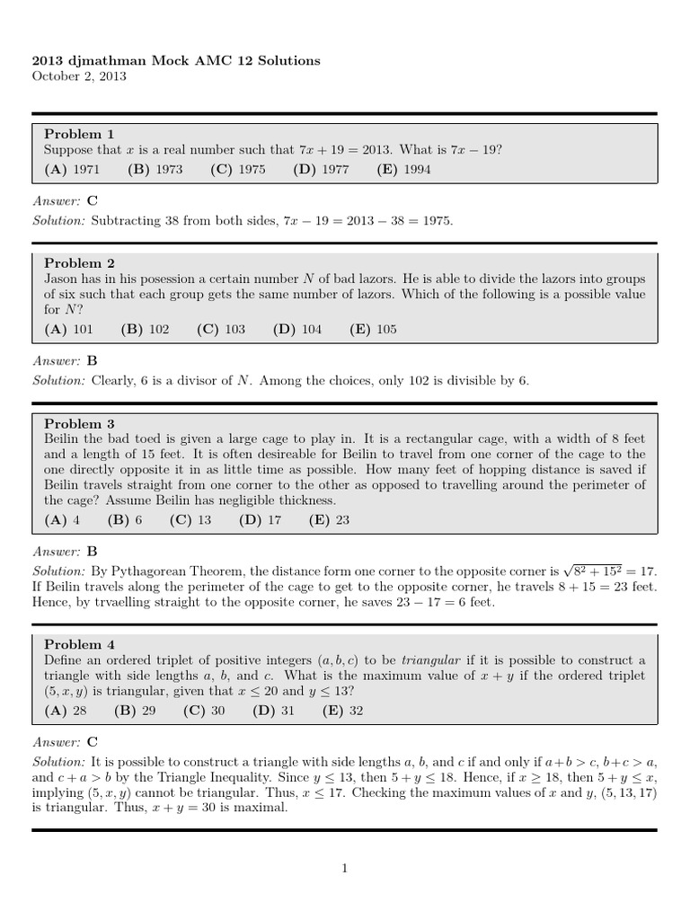 Djmathman 2013 Mock AMC 12 Solutions | PDF | Number Theory ...
