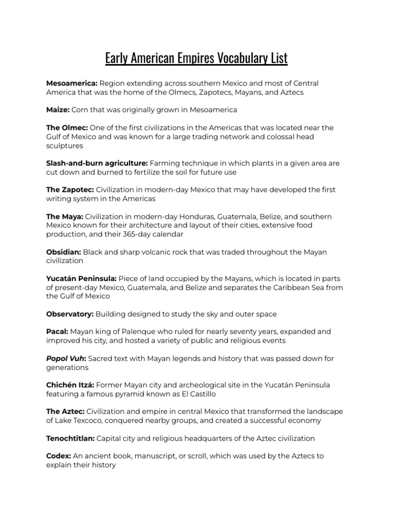 Early American Empires Vocabulary List | PDF | Inca Empire | Maya ...