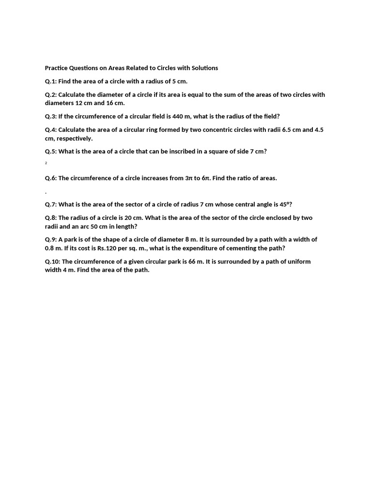 Practice Questions on Areas Related to Circles With Solutions | PDF