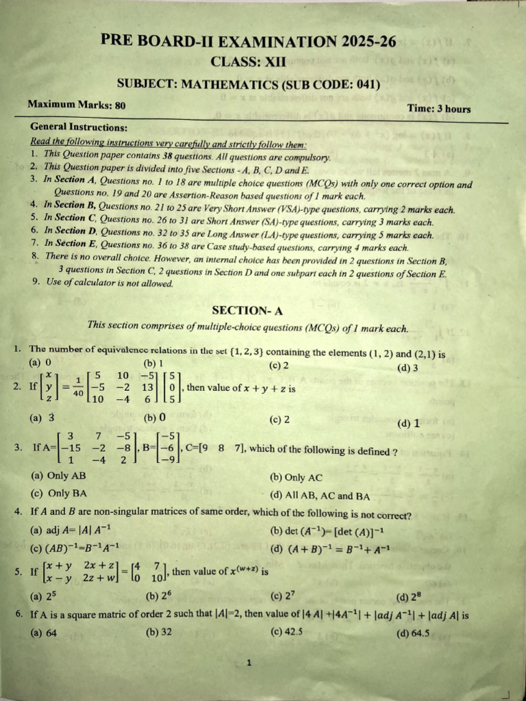Pre Board 2 Maths Question Paper | PDF