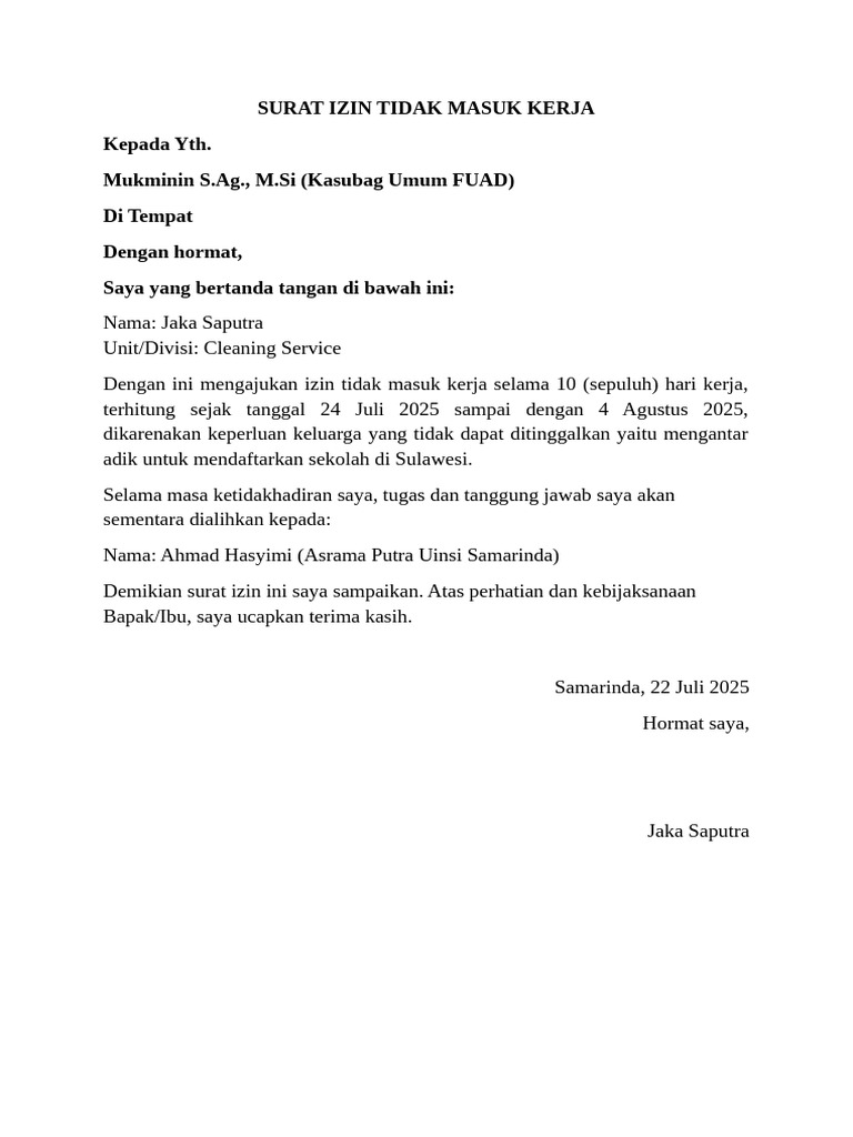 Surat Izin Tidak Masuk Kerja Jaka Saputra | PDF